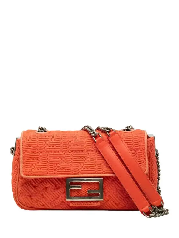 Fendi 2010-2026 Zucca Embossed Technical Fabric Chain Midi Baguette Shoulder Bag - Orange