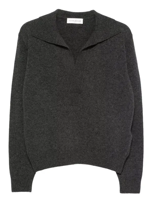 Victoria Beckham Polo-collar V-neck Wool Sweater - Grey