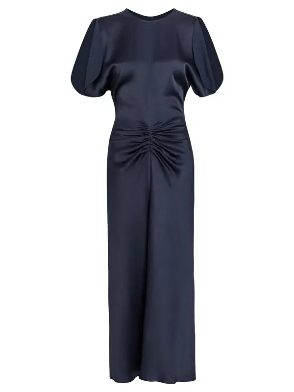 Victoria Beckham Bela Gathered Satin-crepe Midi Dress - Navy