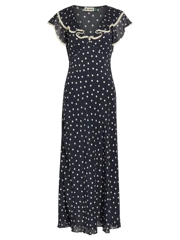 Rixo Bethea Polka Dot Crepe De Chine Midi Dress - Navy