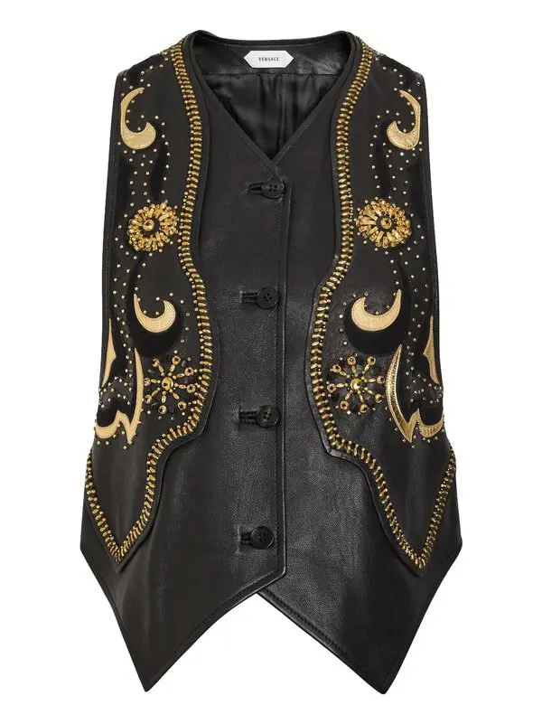 Versace Embellished Panelled Leather Vest - Black