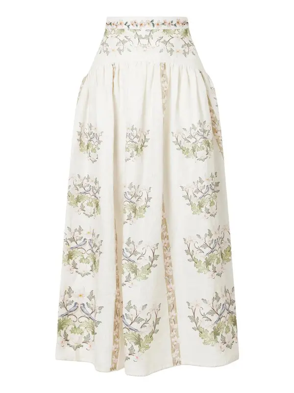 Agua Bendita Floral Linen Midi Skirt - Neutrals