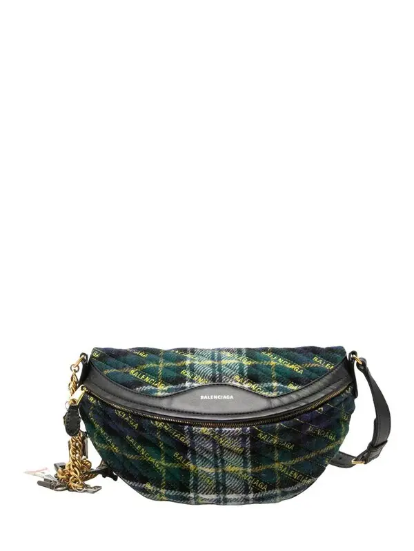 Balenciaga Diagonal Quilted Wool Allover Logo Souvenir Xs Belt Bag - Green