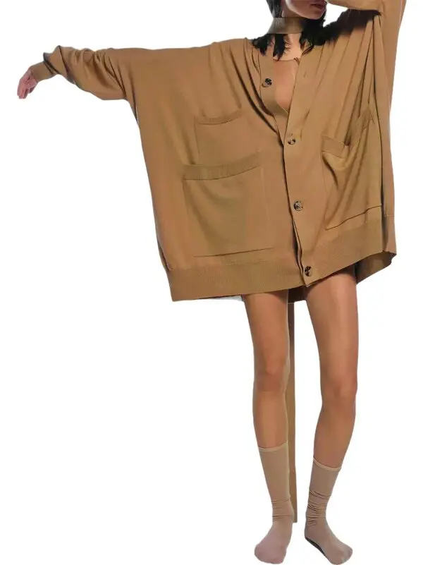 ROT Oversized V-neck Cardigan With Detachable Collar - Neutrals