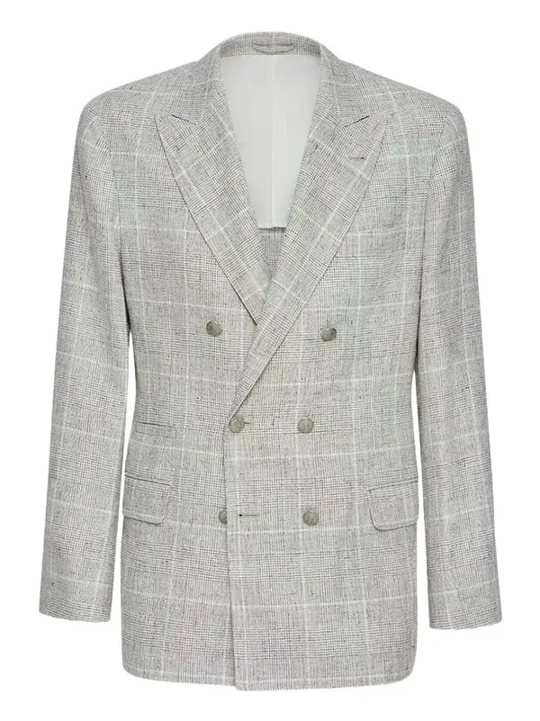Brunello Cucinelli Linen Prince Of Wales One-and-a-half Breasted Deconstructed Blazer With Metal Buttons - Grey