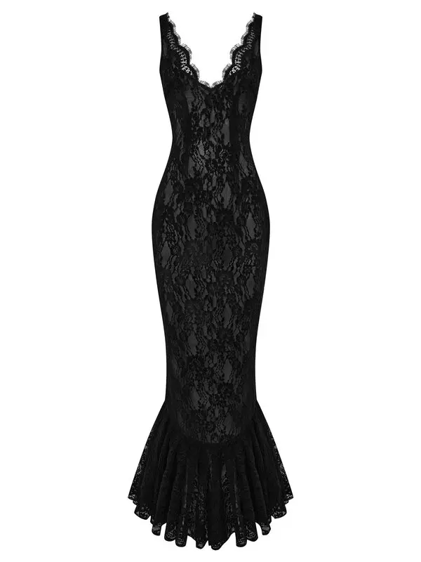RASARIO Lace Gown With Back Slit - Black