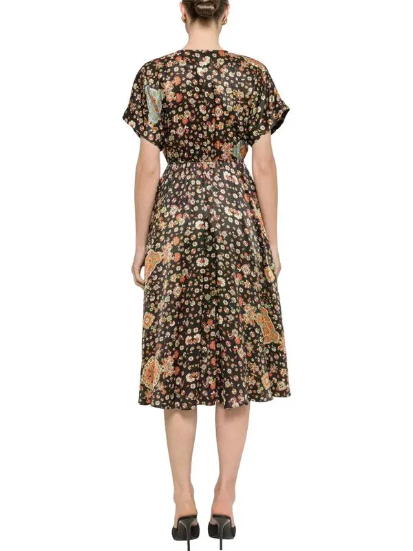 NISSA Floral-print Viscose Midi Dress With Lace Insert - Black