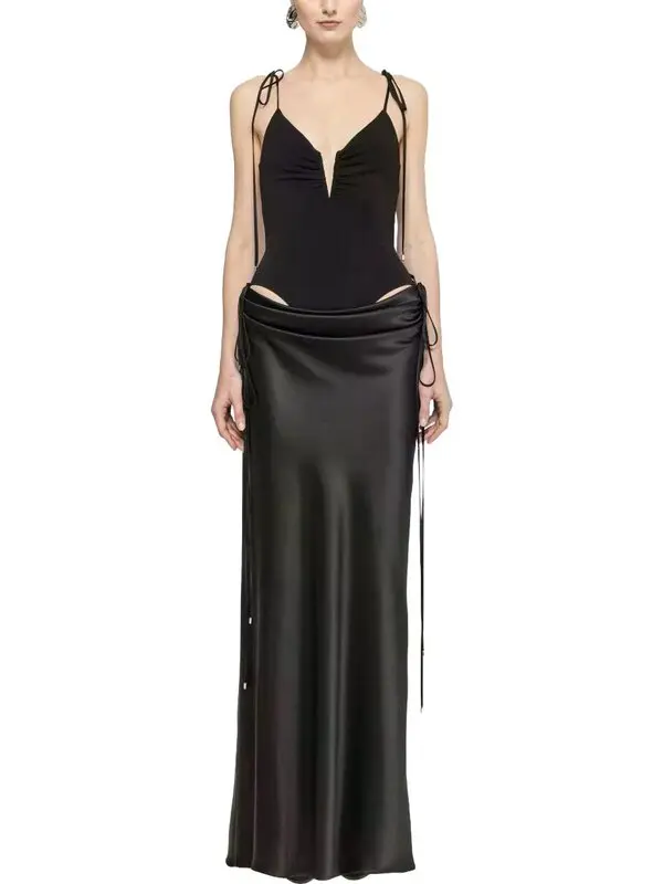 NISSA Draped Satin Maxi Dress With Integrated Bodysuit - Black