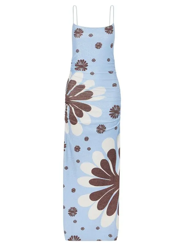 CALA DE LA CRUZ Kim Ruched Printed Metallic Jersey Maxi Dress - Blue
