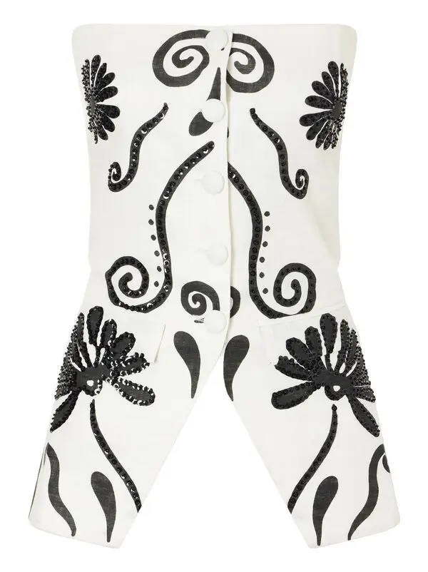CALA DE LA CRUZ Milos Strapless Sequin Embellished Floral Print Linen Top - Neutrals