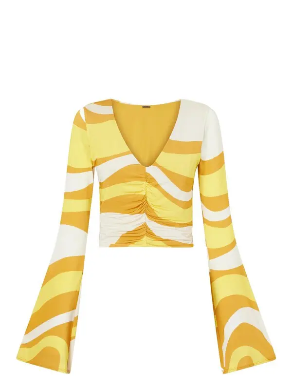 CALA DE LA CRUZ Aelin Ruched Printed Jersey Top - Yellow