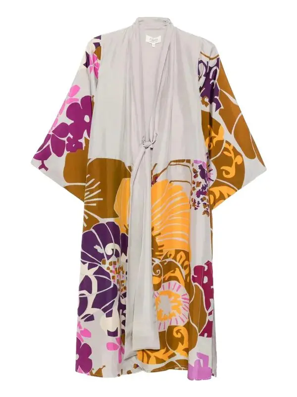 PSOPHIA Floral Print Tie Front Coat - Grey