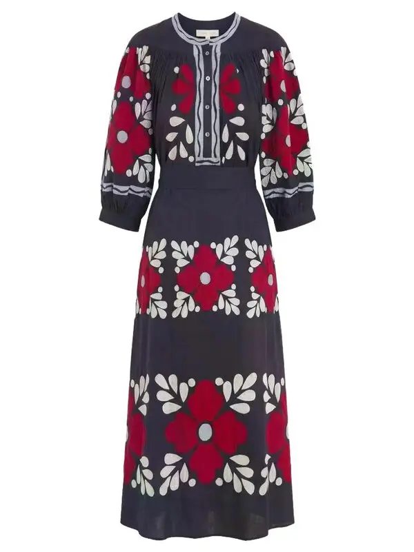 Antik Batik Floral Embroidered Puff Sleeve Midi Dress - Blue