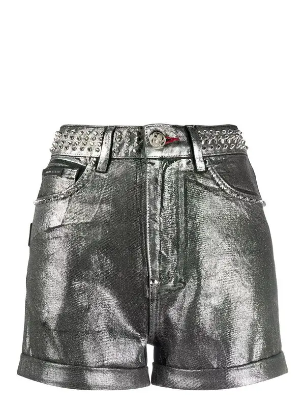 Philipp Plein Metallic Studded Denim Shorts - Silver