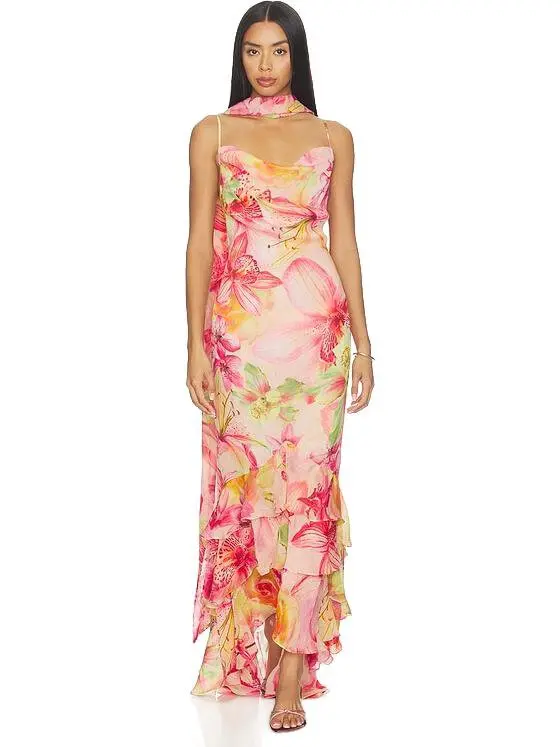 Rococo Sand Cowl Maxi Dress With Sash - Pink