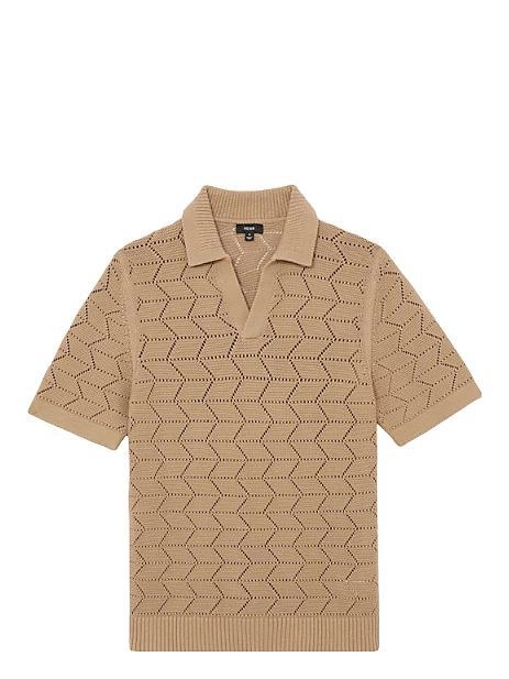 REISS Belford Open-collar Stitch-detail Knitted Polo - Camel
