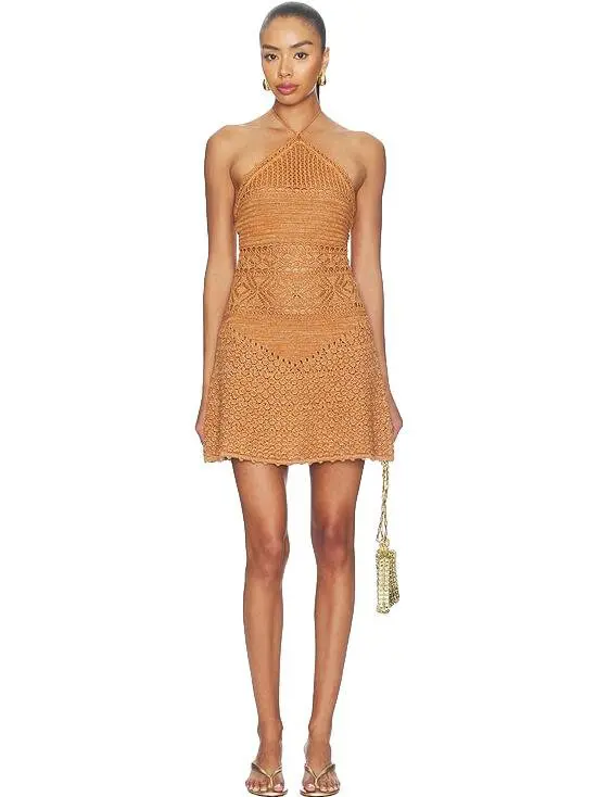 Retrofete Halterneck Crochet Dress With Metallic Threading - Rust