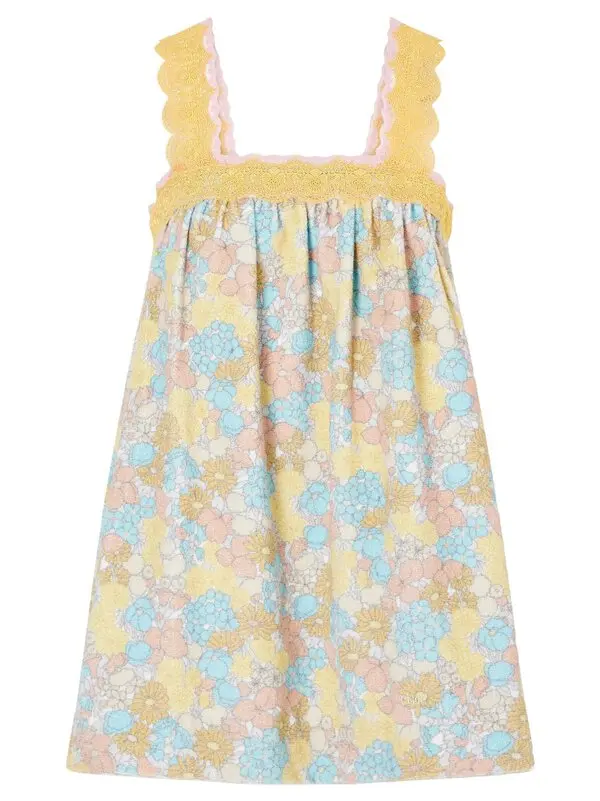 Chloé Pleated Lace-trimmed Floral-print Cotton-terry Mini Dress - Multi