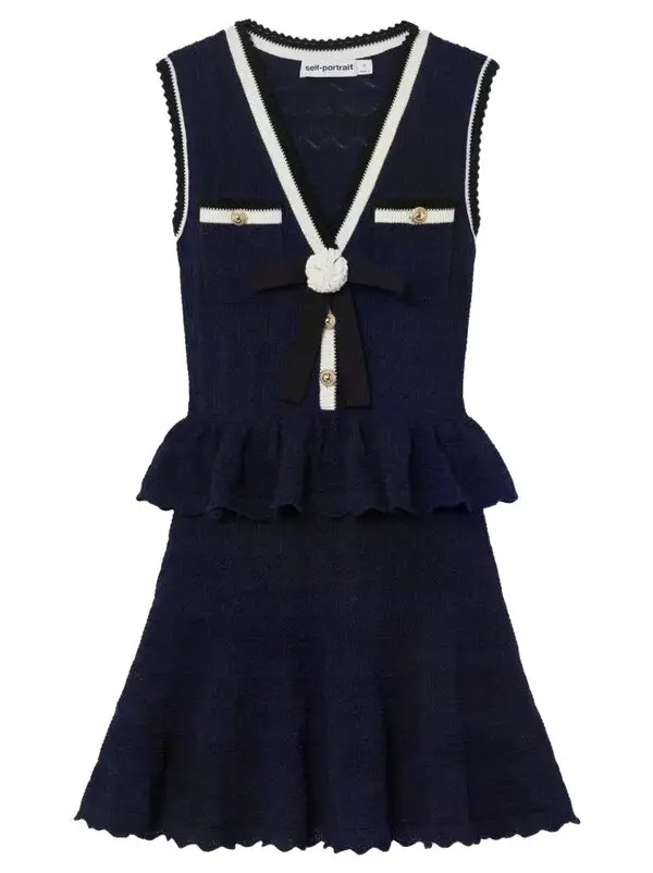 SELF-PORTRAIT Bow Detail Pointelle Knit Mini Dress - Blue