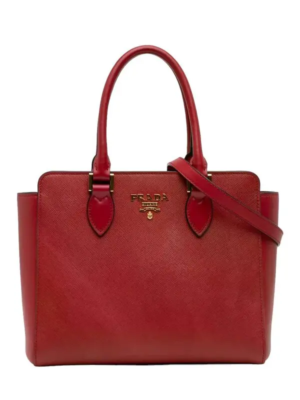 Prada Soft Calf Trimmed Saffiano Lux Zip Convertible Tote Satchel - Red