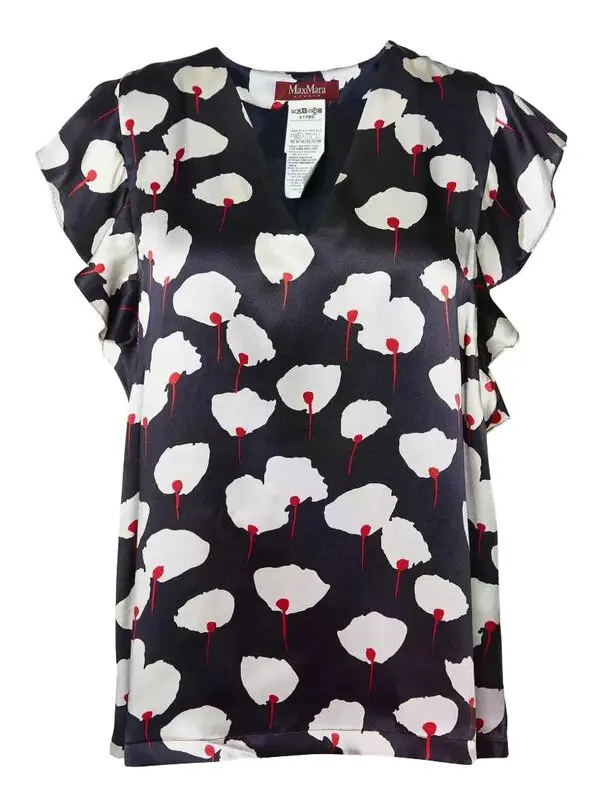 Max Mara Silk Floral Print V-neck Ruffled Sleeve Blouse - Black