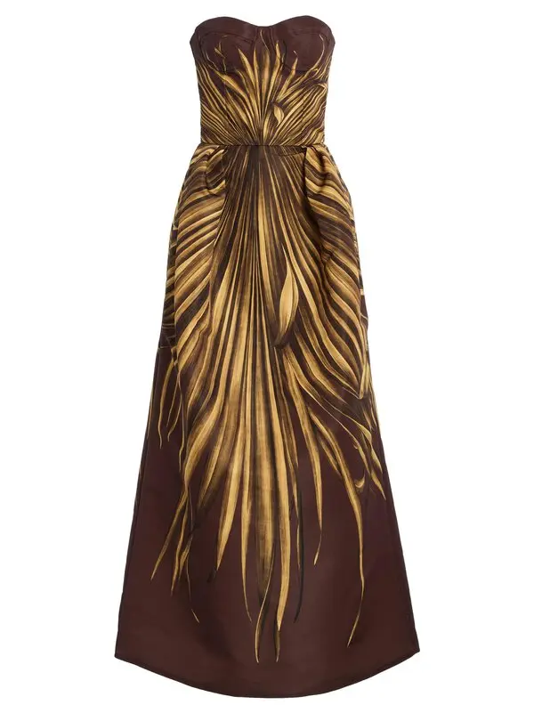 Oscar De La Renta Palm-printed Faille Maxi Dress - Brown