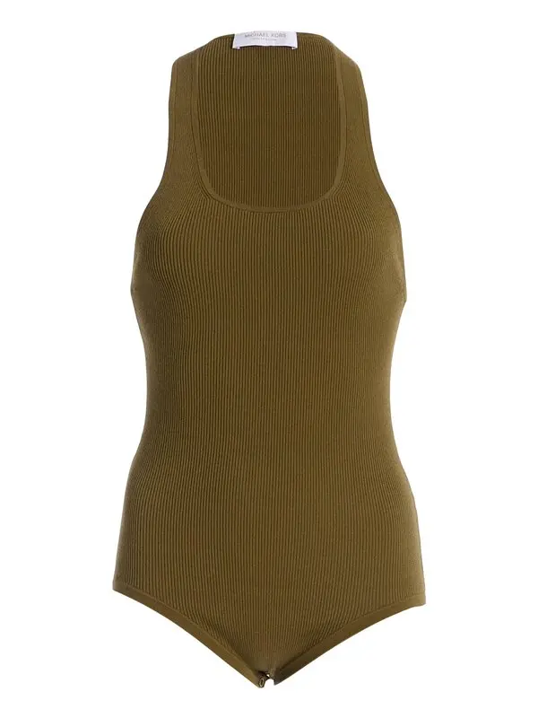 Michael Kors Ribbed Scoop Neck Bodysuit - Olive
