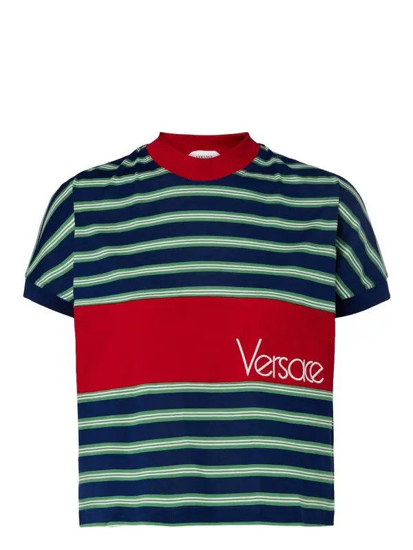 Versace Logo Embroidered Striped Cotton T-shirt - Multicoloured