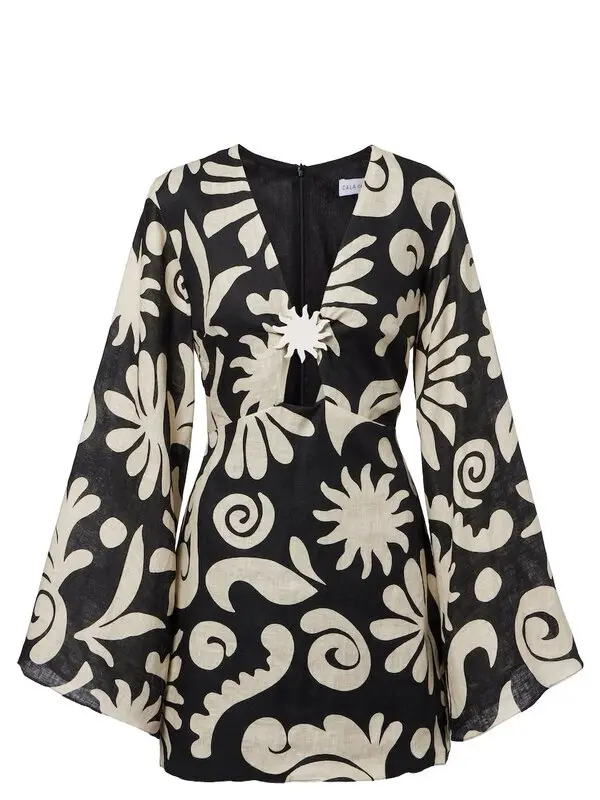 CALA DE LA CRUZ Vera Printed Linen Mini Dress - Black