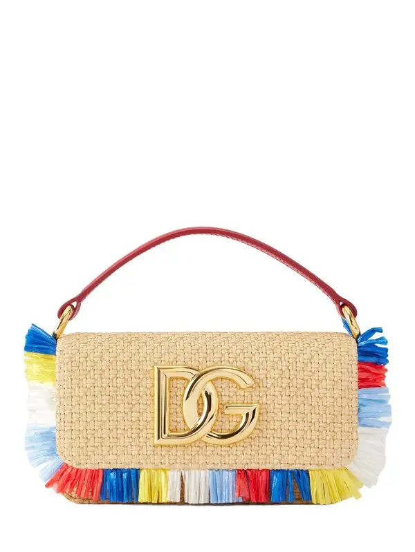 Dolce & Gabbana 3.5' Raffia Shoulder Bag With Fringed Embellishment And Gold-tone Logo - Multi