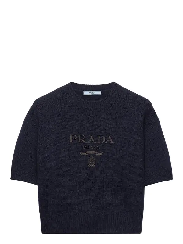 Prada Wool-cashmere Crew Neck Sweater With Embroidered Logo - Blue