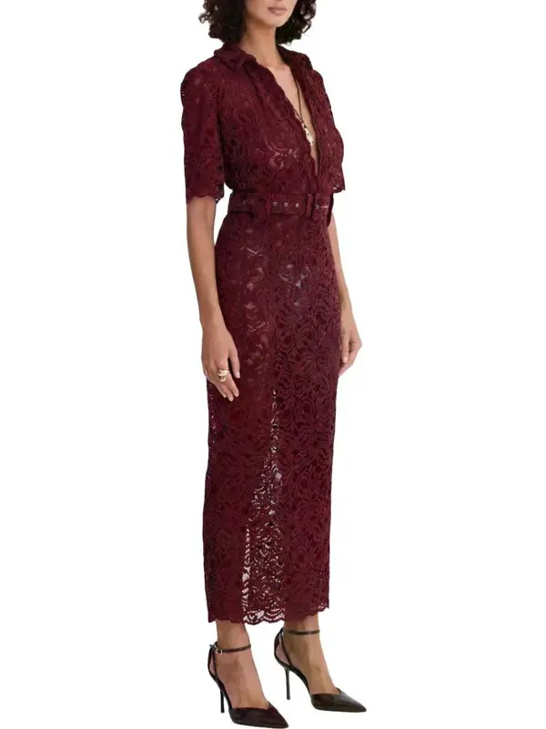 MOOS STUDIO Belted Lace Midi Dress - Red
