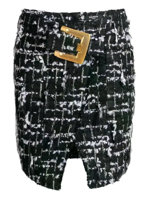 Balmain Belted Fringed Tweed Mini Skirt - Black