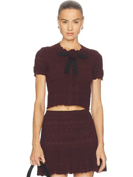 SELF-PORTRAIT Pointelle Knit Top With Detachable Bow - Brown