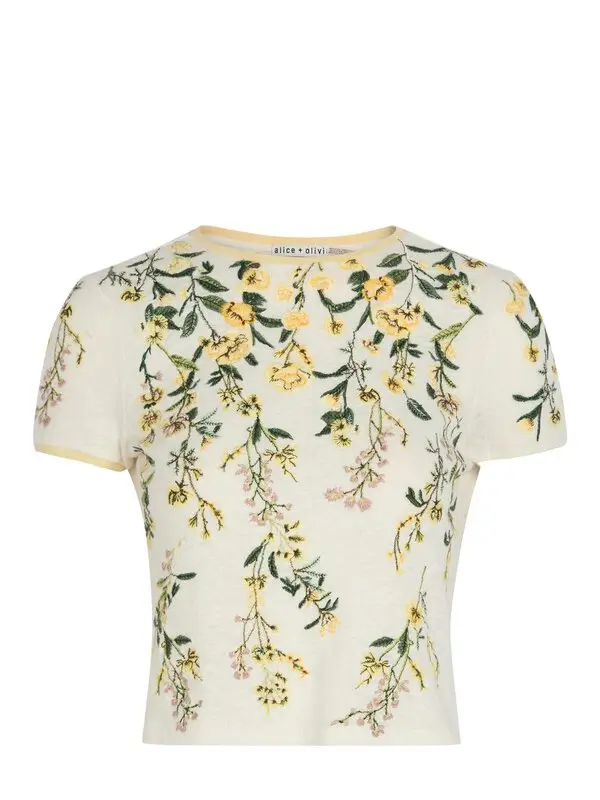 Alice + Olivia Cindy Floral-embroidered Linen T-shirt - Multicoloured