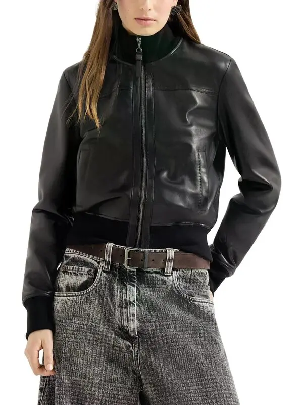 Brunello Cucinelli Nappa Leather Bomber Jacket With Monili - Black