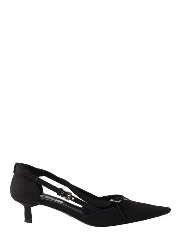 Prada Canvas Buckle Detail Kitten Heel Pumps - Black
