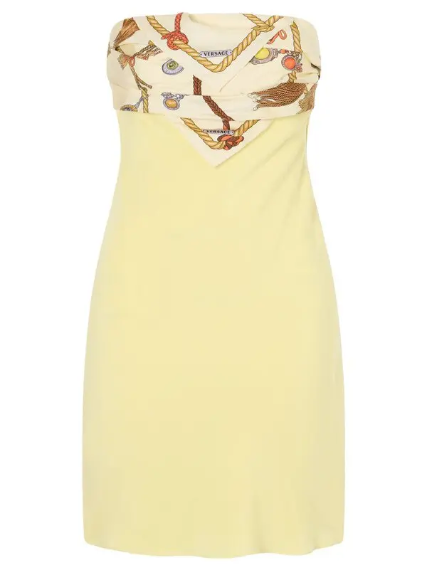 Versace Strapless Printed Twill-trimmed Silk-crepe Mini Dress - Yellow