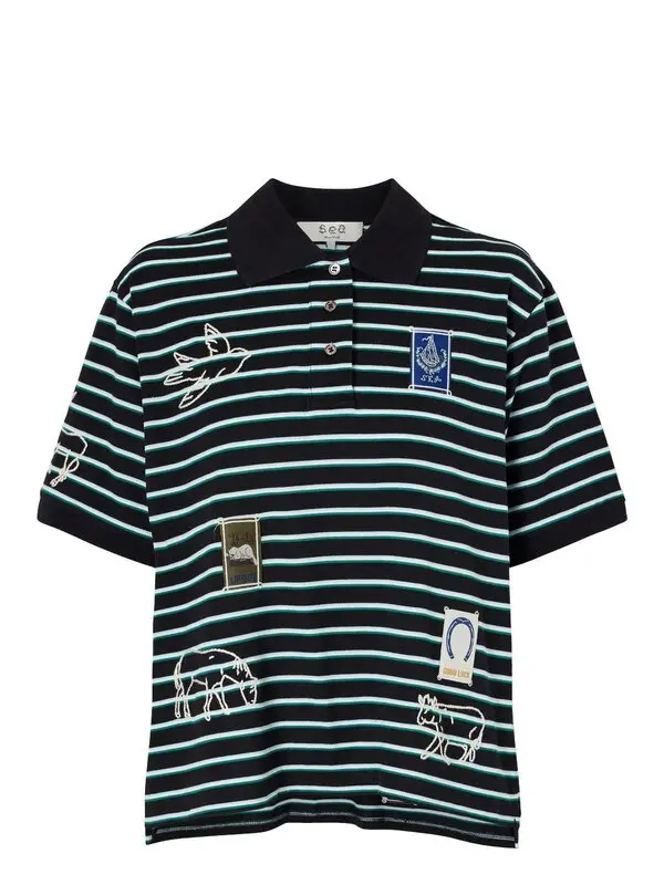 Sea Winslow Appliquéd Embroidered Striped Cotton Polo Shirt - Black