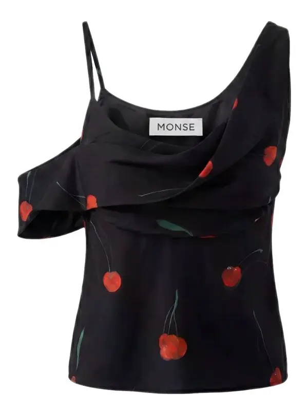 Monse Cherry Print Draped Top - Black