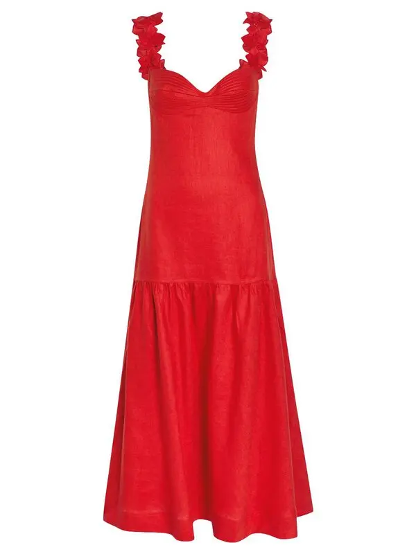 ANDRES OTALORA Floral Appliqué Sweetheart Neck Linen Midi Dress - Red