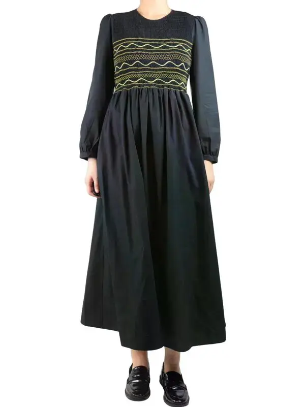 Loretta Caponi Shirred Bodice Midi Dress - Black