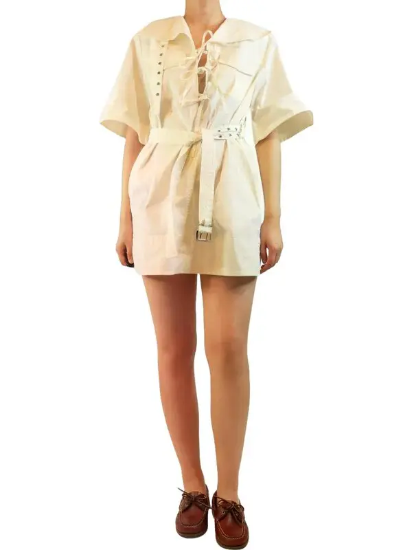 GANNI Belted Mini Dress With Sailor Collar - Neutrals