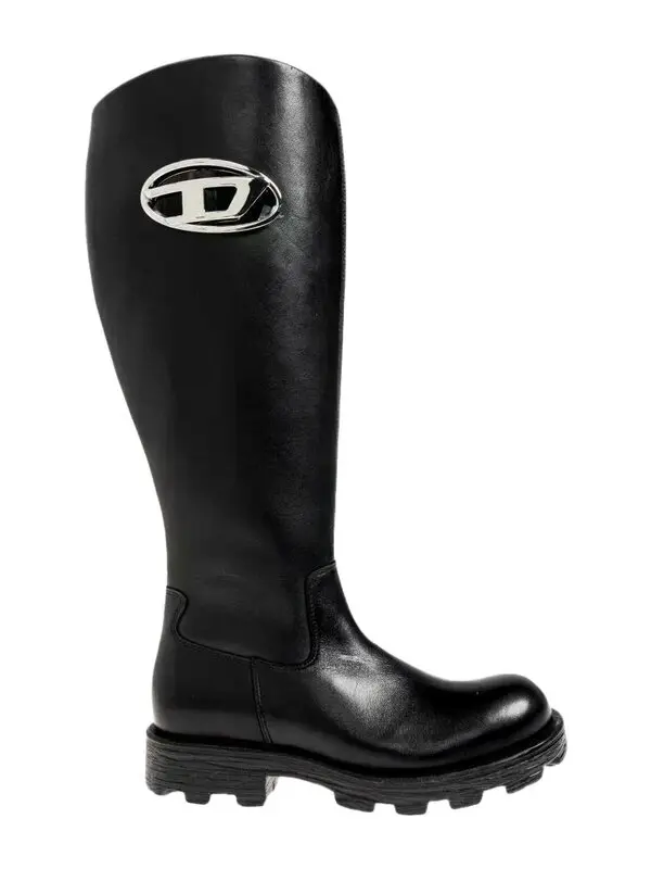 DIESEL® Knee-high Leather Boots With Logo Plaque - Black