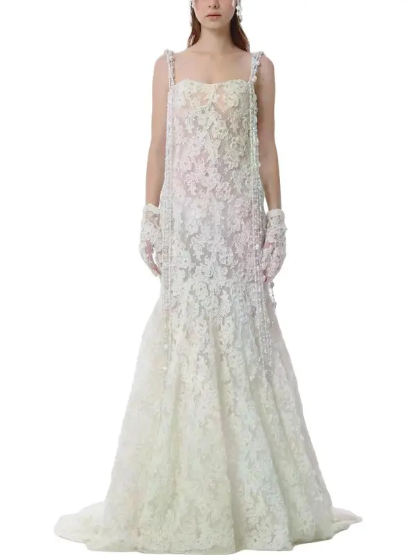 DINA MELWANI Lace & Pearl Embellished Maxi Dress - Neutrals