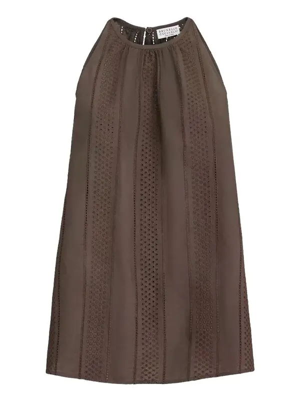 Brunello Cucinelli Techno Cotton Poplin Broderie Anglaise Top With Monili - Brown