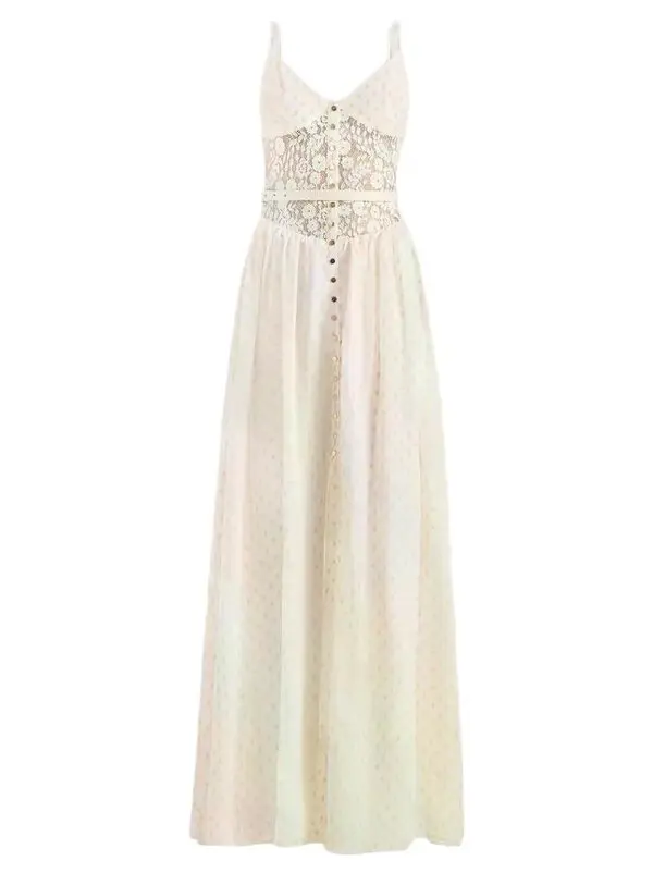 Manière De Voir Rosie Maxi Dress With Lace Panelling And Gold Buttons - Neutrals