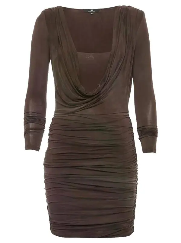 Elisabetta Franchi Ruched Jersey Cowl Neck Long Sleeve Dress - Brown