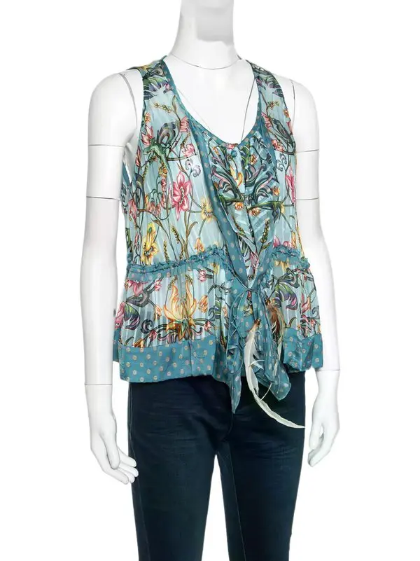 Roberto Cavalli Silk Floral Print Sleeveless Top - Blue