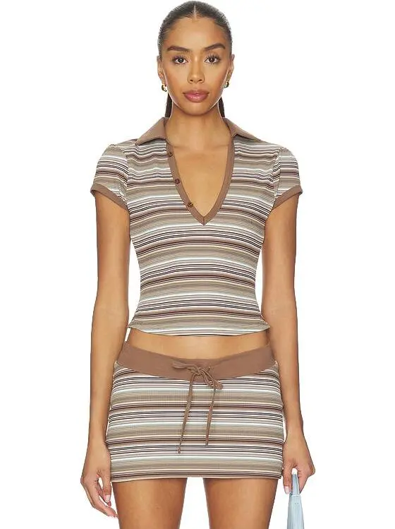 TIGER MIST Striped Cropped Polo Shirt - Brown